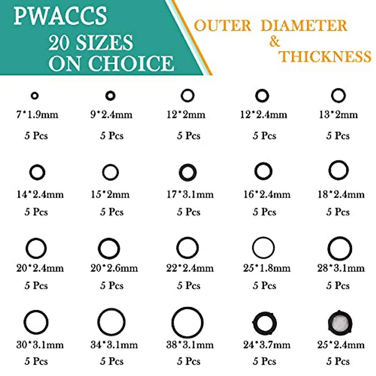 PWACCS High Pressure Washer O Ring Kit, Replacement Rubber Ring for Power Washer, General for Pump, Coupler, Adapter, Hose, Gun and Nozzle, 100 Pieces
