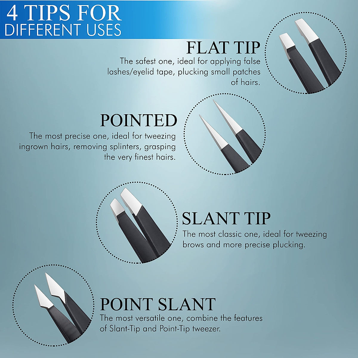 Tweezer Set 4-Piece for Men & Women - Professional Edge and point for Ingrown Hair,Eyebrow, Splinter, Facial & Blackhead Removal - Stainless Steel tweezers (Black)