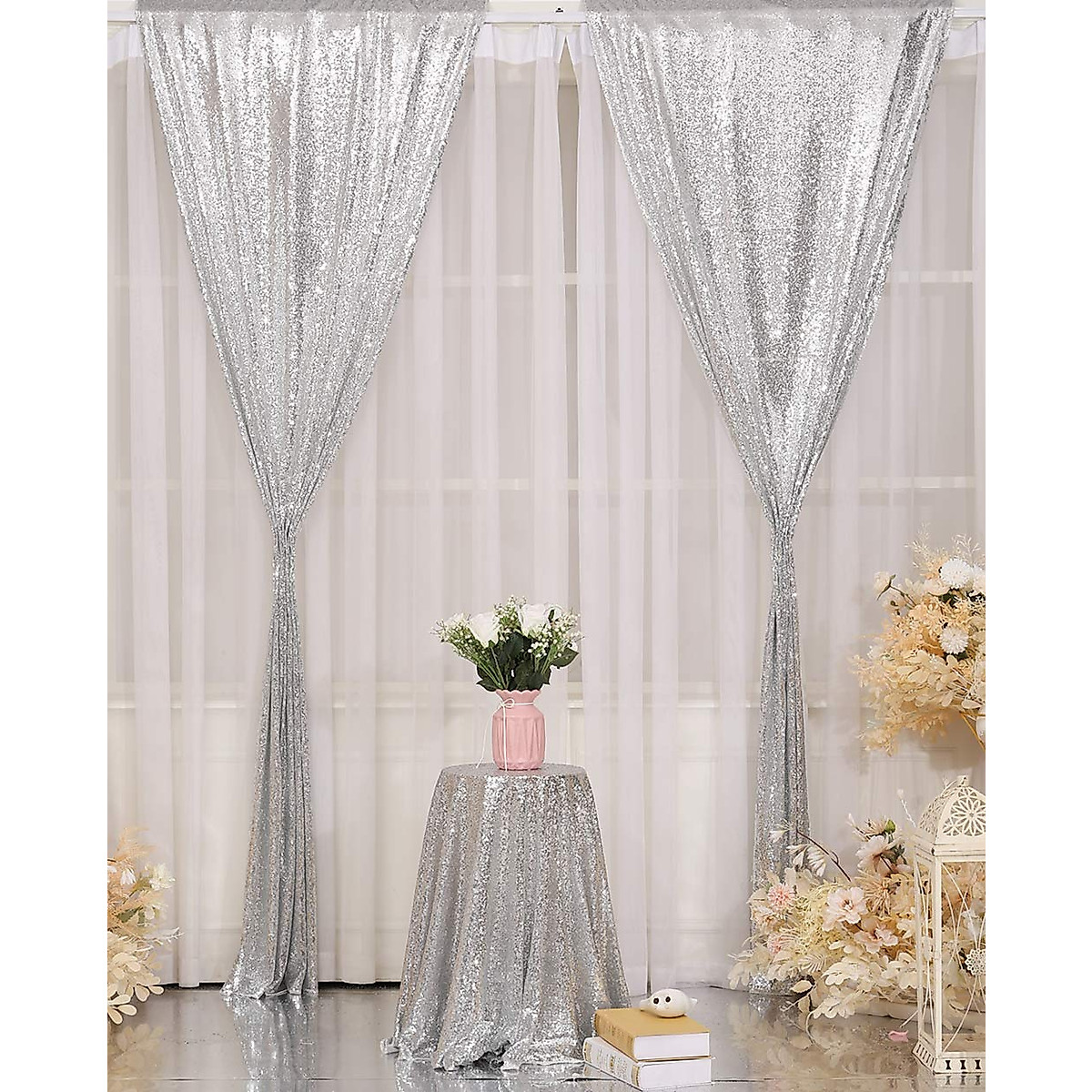 Poise3EHome Silver Sequin Backdrop Curtains, 2 Panels Silver Sequin Backdrop, 2FTx8FT Sequin Curtains for Party Wedding Sequence Backdrop
