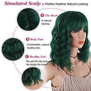 DEYNGS Fashion Short Wavy Wigs With Flat Bangs Natural Black Synthetic Full Wigs For Women None Lace Wigs That Look Real Heat Resistant +Free Wig Cap (Green)
