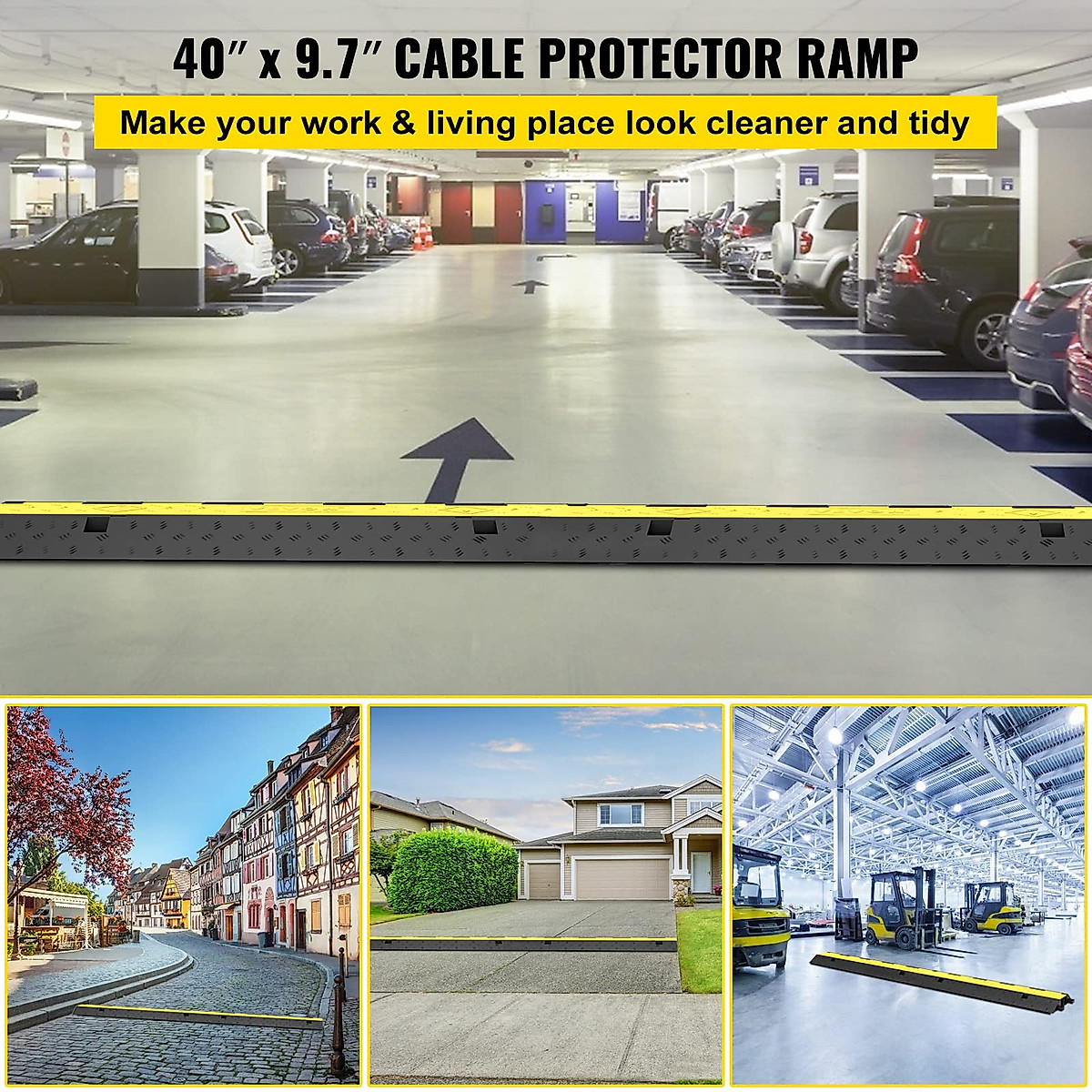 VEVOR Cable Protector Ramp, 4 Packs 2 Channels Speed Bump Hump, Rubber Modular Speed Bump Rated 11000 LBS Load Capacity, Protective Wire Cord Ramp Driveway Rubber Traffic Speed Bumps Cable Protector