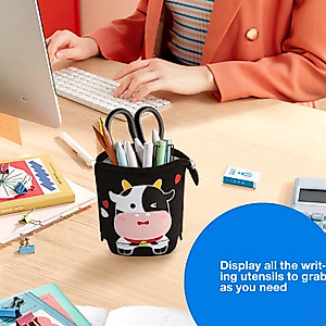 Cute Standing Pencil Case for Kids, Pop Up Pencil Box Makeup Pouch, Christmas Gift Kids Canvas Pen Holder Organizer Cosmetics Bag, Kawaii Stationary (Baby Cow)