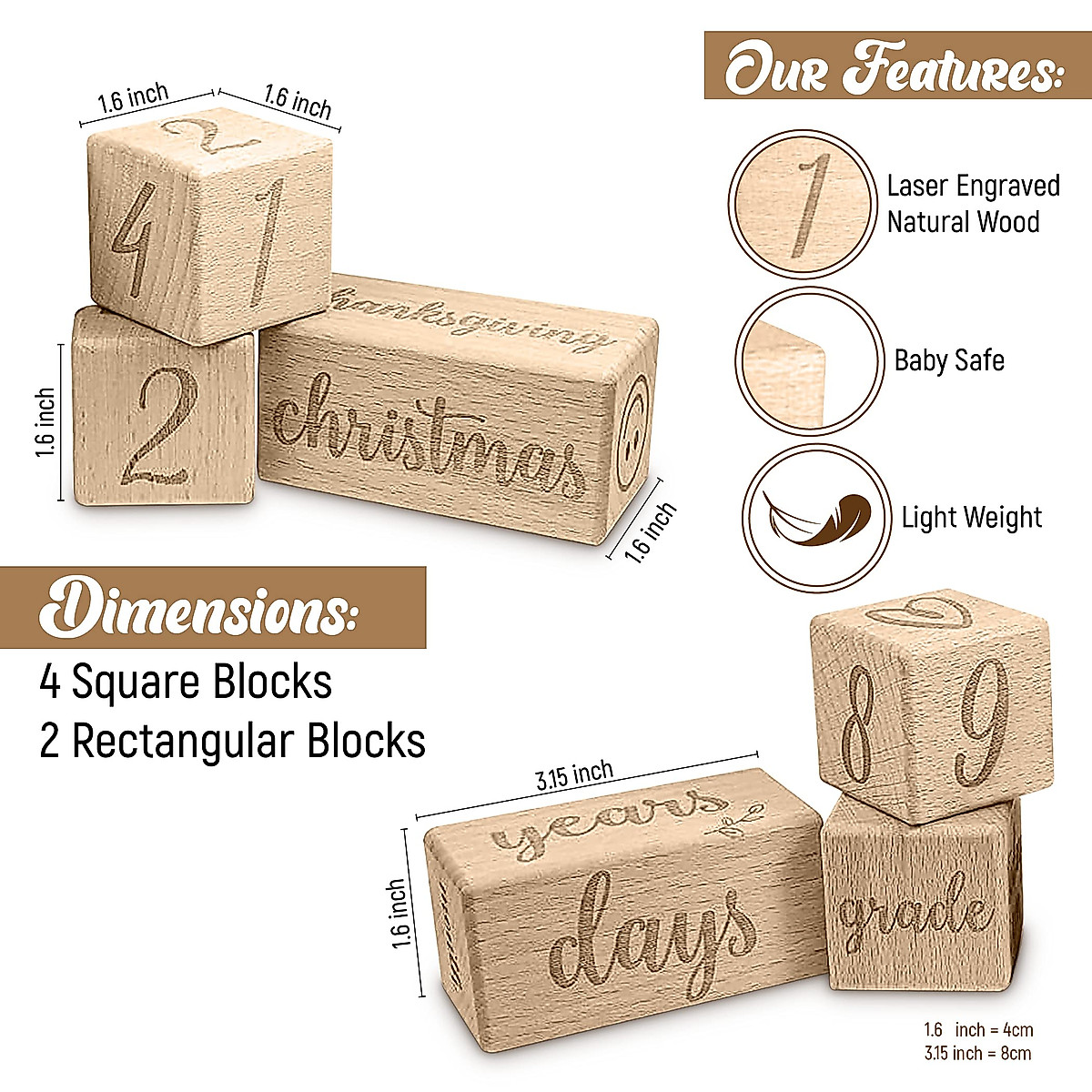 Baby Milestone Blocks - Monthly Baby Milestone Wood Blocks for Keepsake Photography - Set of 6 Baby Age Blocks for Pictures Ages Newborn to Weeks, Months, Years with Welcome Baby Age Sign & Bag