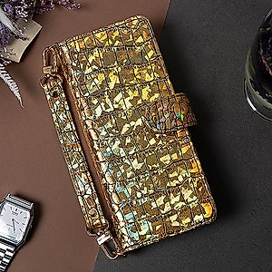 Qoosan Genuine Leather for Galaxy Z Fold 5 Case with Strap Card Holder Hinge Protection Wallet Case, Gold