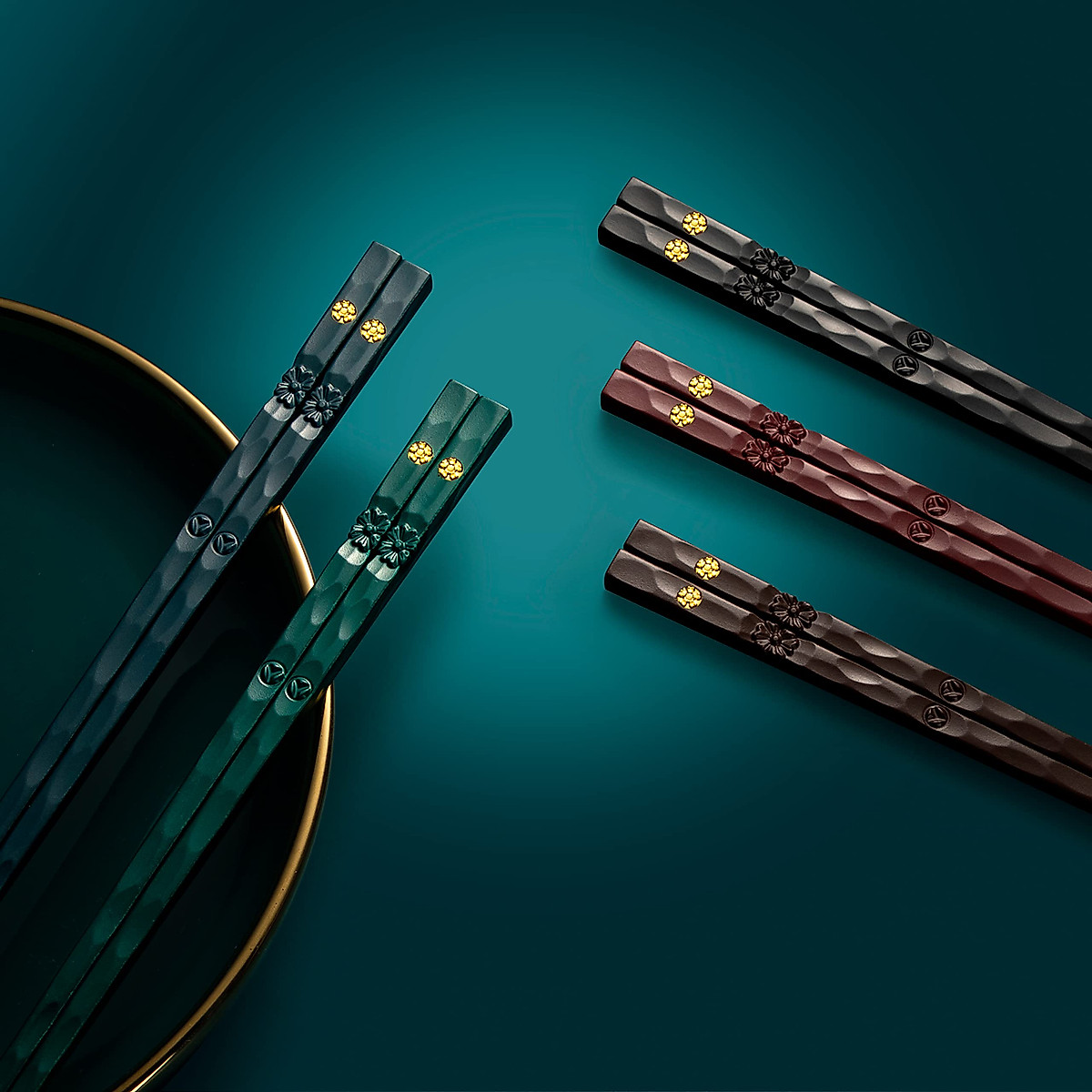 HELERKOL 5 Pairs Fiberglass Multicolor Dark Color Chopsticks Carved Gold Glitter Patch Chopsticks Reusable Non-Slip Lightweight Chinese Japanese Korean Chopsticks Dishwasher Safe, 9.6 Inch long