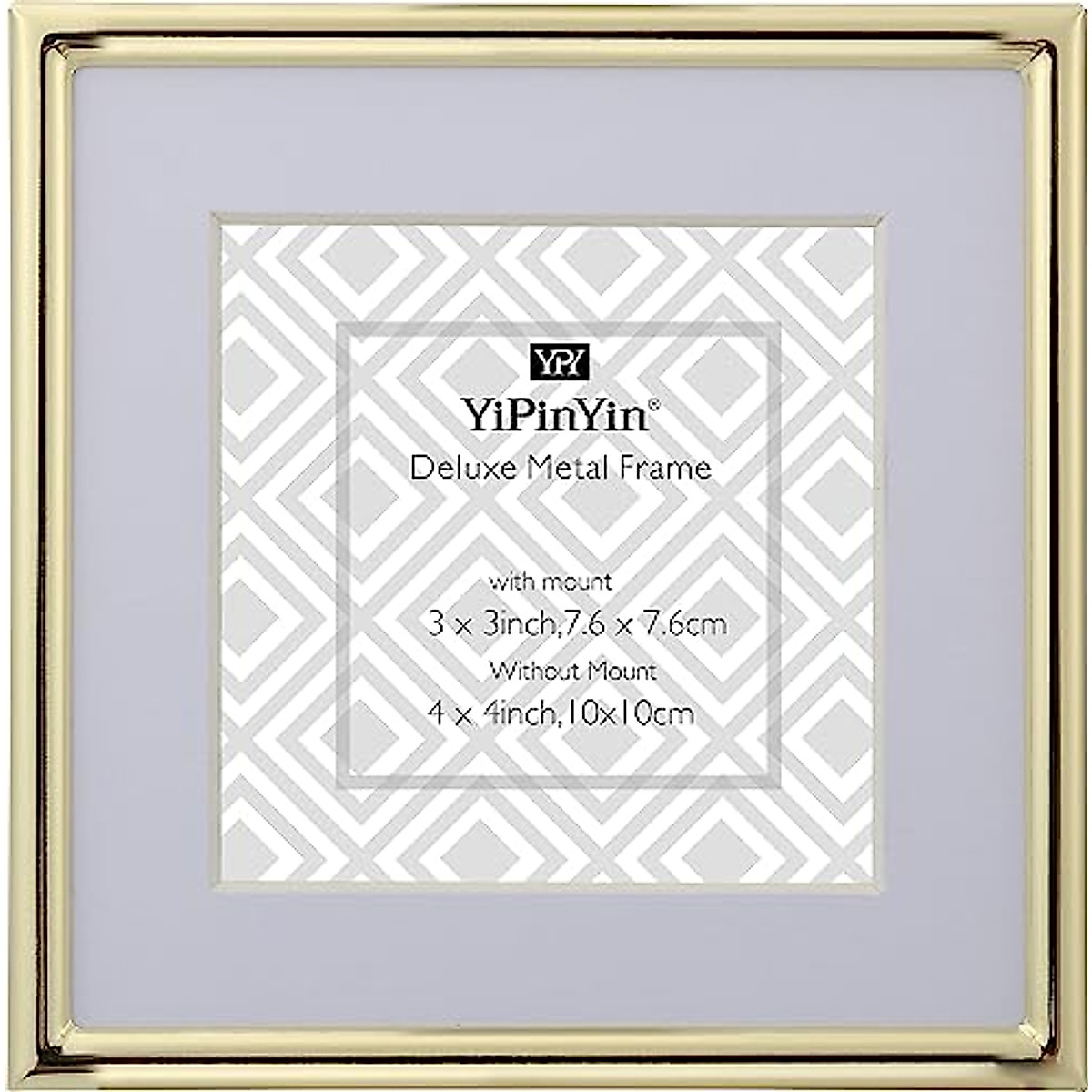 YiPinYin 4x4'' Sqaure Gold Metal Picture Frame With Mat for 3x 3'' Set of 2, Narrow Plated Metal Photo Frames 3x3'' With Soft Touch Velvet Backing for Desktop