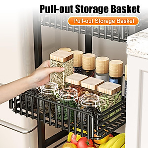4Tier Roling Cart, Utility Cart, Storage Cart, Kitchen Carts on Wheels with Wood Top, Pull-Out Wire Basket for Fruit, Black