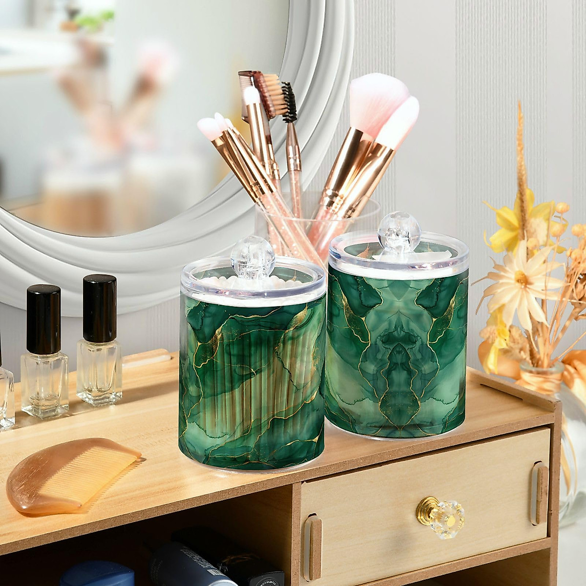 2 Pack Qtip Holder Organizer Dispenser Marble Green Bathroom Storage Canister Cotton Ball Holder Bathroom Containers for Cotton Swabs/Pads/Floss