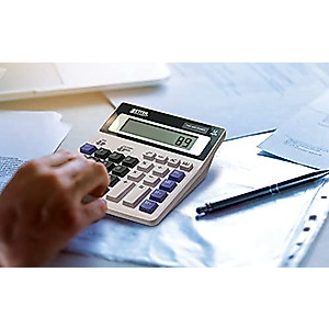 Extra Large Electronic Desktop Calculator, 12-Digit LCD Display, Angled Display Panel, by Better Office Products, 4 Function Memory Keys, Light Gray, Dual Power with Included AA Battery Power