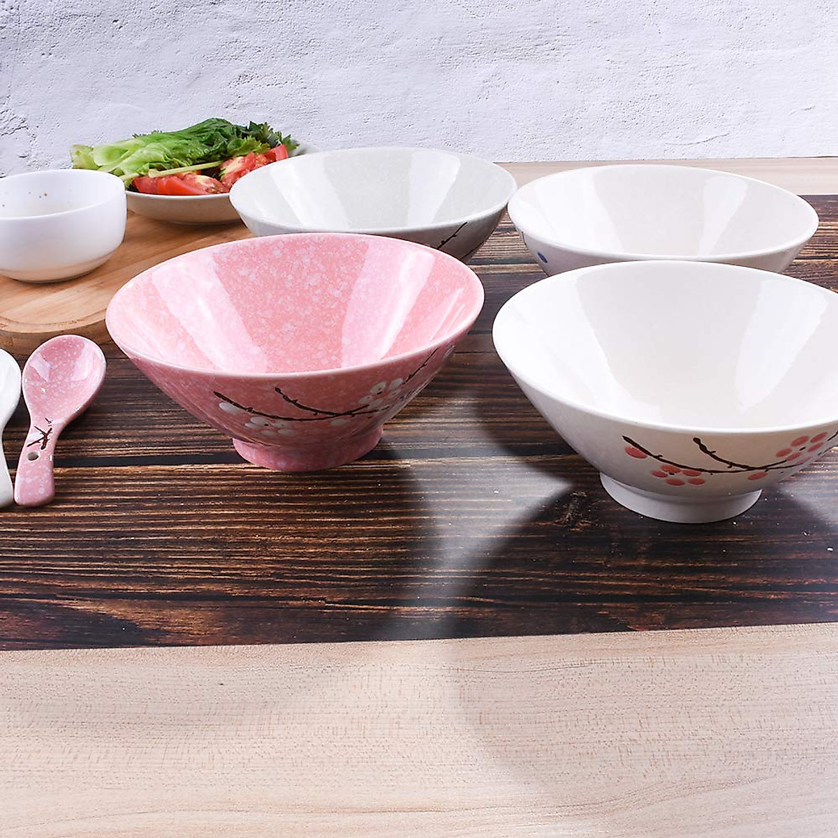 Whitenesser Japanese Ramen Bowls Set of 4 Color - Large 7 Inch - Japanese Plum Ceramic Bowls For Dessert Snack Cereal Soup Reman Noodle and Rice