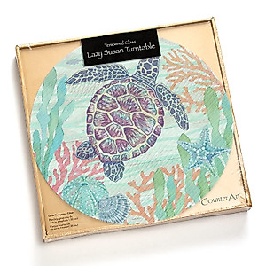CounterArt Salt & Sea Turtle 4mm Heat Tolerant Tempered Glass Lazy Susan Turntable 13" Diameter Cake Plate Condiment Caddy Pizza Server