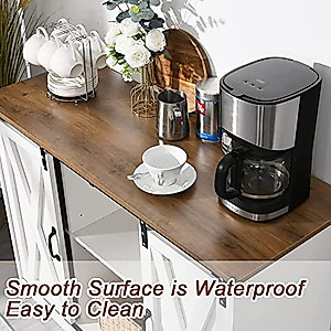 Farmhouse Coffee Bar Cabinet, 42’’ Kitchen Buffet Sideboard Cabinet with Storage, White Coffee Bar Buffet Cabinet with Sliding Barn Door, Coffee Bar Table with Adjustable Shelf for Living Dining Room