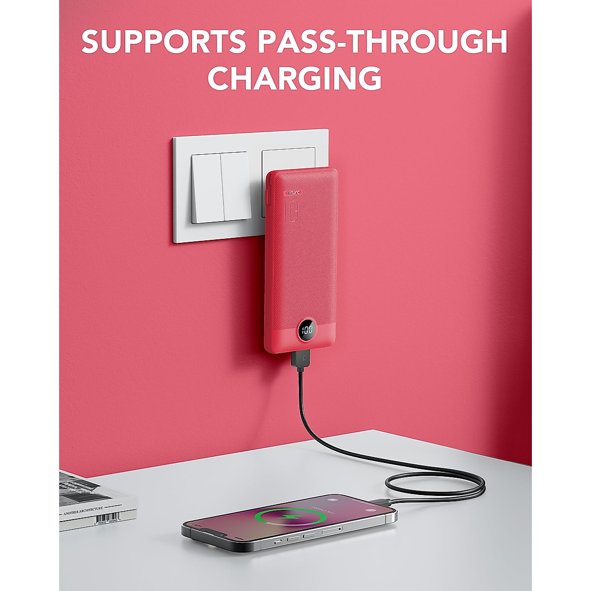 VRURC Portable Charger Built-in Cables and AC Wall Plug, USB C Power Bank 10000mAh, [2023 Upgraded Version] Phone Charger Compact Lightweight External Battery Pack for Smart Phones, Tablets etc-Red