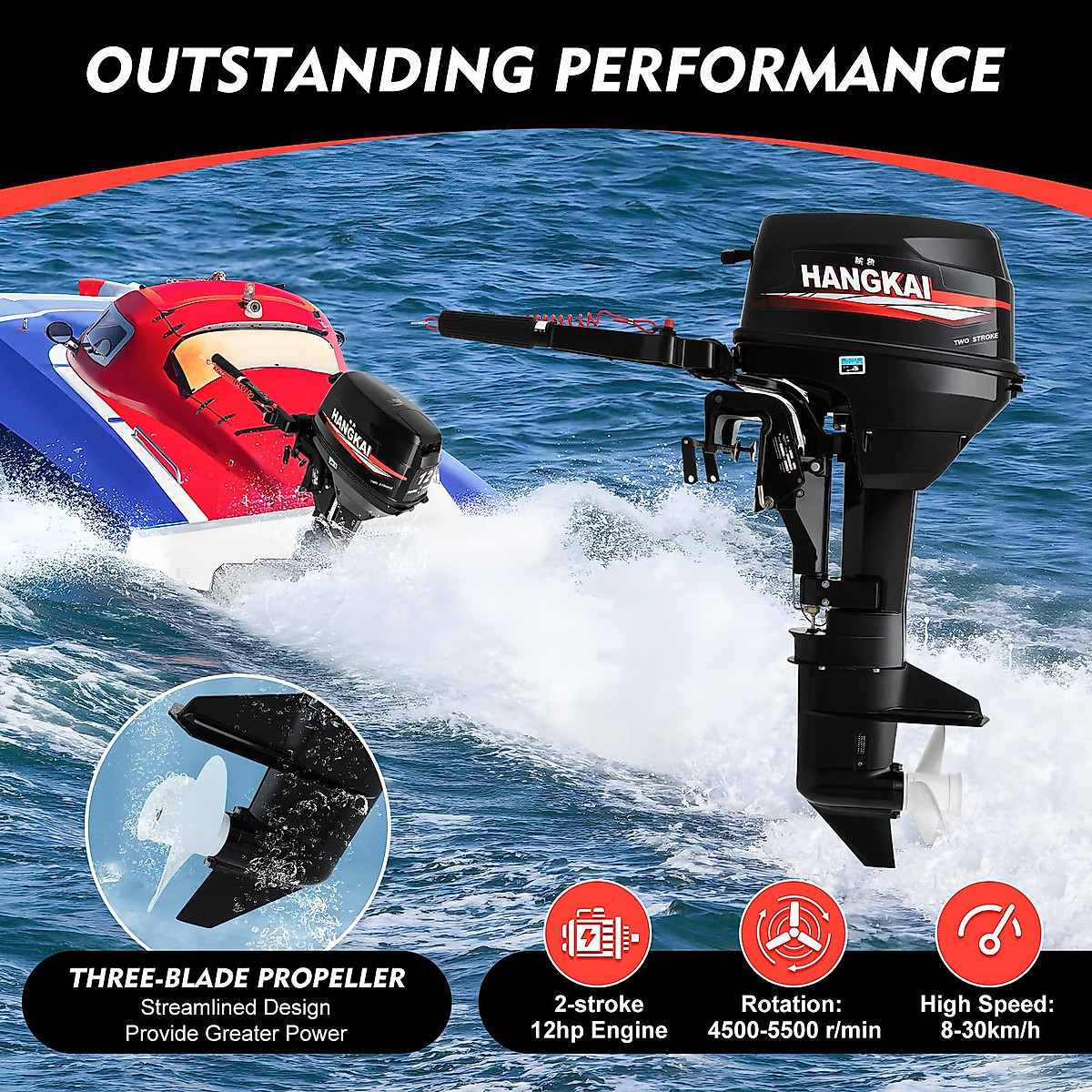 2 Stroke Outboard Motor Heavy Duty 12HP Boat Marine Engine with Water Cooling System Single Cylinder Engine, Inflatable Fishing Boat Engine 169cc 4500-5500r/min (2 Stroke 12 HP)