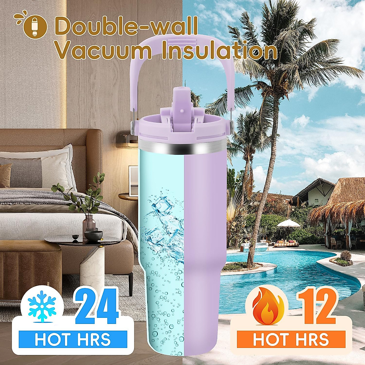 VUSIGN 30 oz Tumbler with Handle and Flip Straw, Stainless Steel Vacuum Insulated Water Bottle Travel Mug Thermal Cup for Home, Office, Car, Outdoors, Sports, Orchid