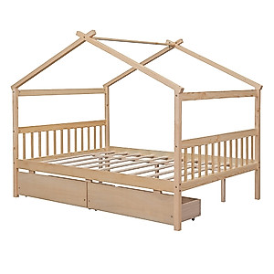 Full Size House Bed with 2 Storage Drawers Wooden Kids Montessori House Bed Frame Wood Playhouse Tent Bed for Girls Boys Teens, Natural