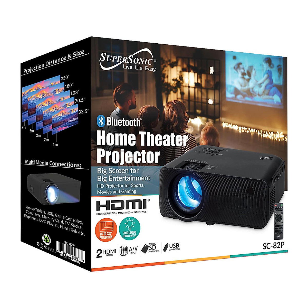 Supersonic SC-82P High Definition Home Theater Bluetooth Projector for Wireless connectivity to Bluetooth Soundbars and Speakers