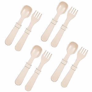 Re-Play Made in USA Toddler Forks and Spoons, Pack of 8 Without Carrying Case - 4 Kids Forks with Rounded Tips and 4 Deep Scoop Toddler Spoons - 0.2" Thick Toddler Utensils, Sand