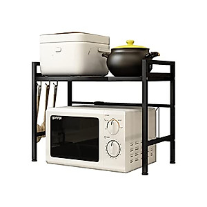 Expandable Microwave Oven Rack, 2 Tiers Metal Heavy Duty Microwave Stand, Adjustable Countertop Kitchen Organizer with 3 Hooks (Black, H-frame 2 tier)