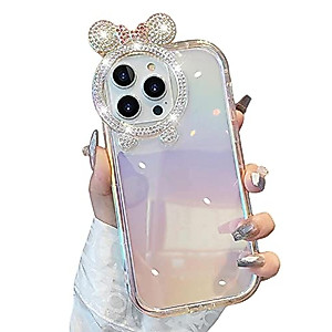 Threesee for iPhone 14 Pro Max Mickey Mouse Cartoon Case,Bling Glitter Diamond Cute Bow Soft TPU Women Girls Kids Protective Clear Phone Case for iPhone14 Pro Max 6.7 inch