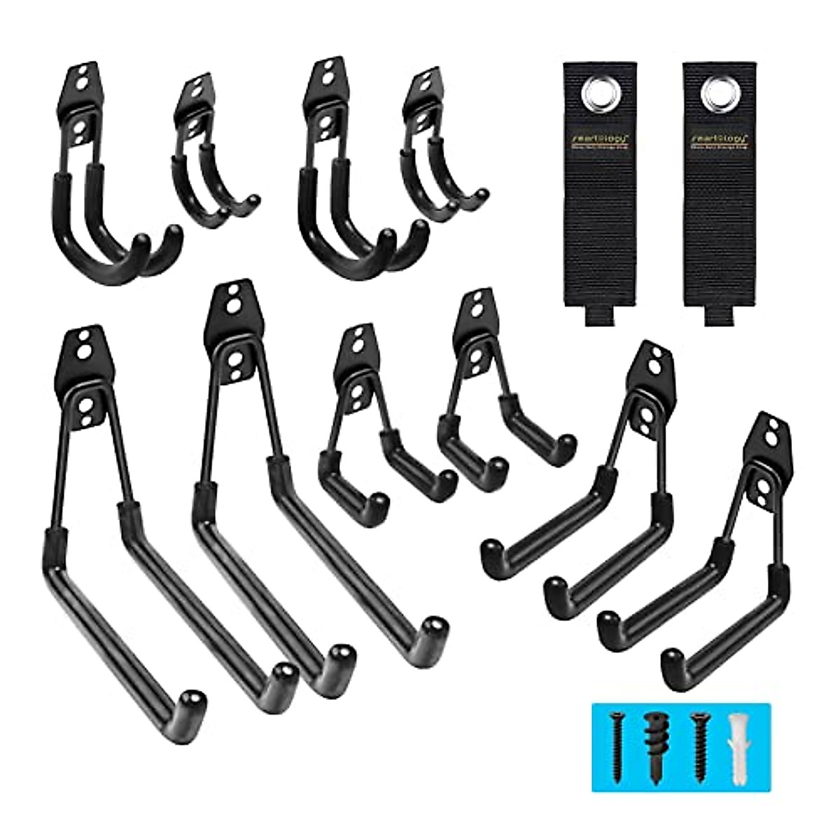 Garage Hooks, 12 Pack Wall Storage Hooks with 2 Extension Cord Storage Straps, Heavy Duty Tool Hangers for Utility Organizer, Wall Mount Holders for Garden Lawn Tools, Ladders Hanger, Bike (Black)