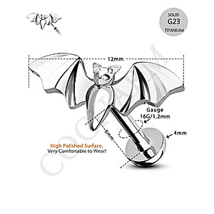 COCHARM G23 Solid Titanium Cartilage Earrings Stud 16G Silver Threadless Push in Helix Earrings for Women Cute Bat Helix Piercing Jewelry Surgical Steel Hypoallergenic