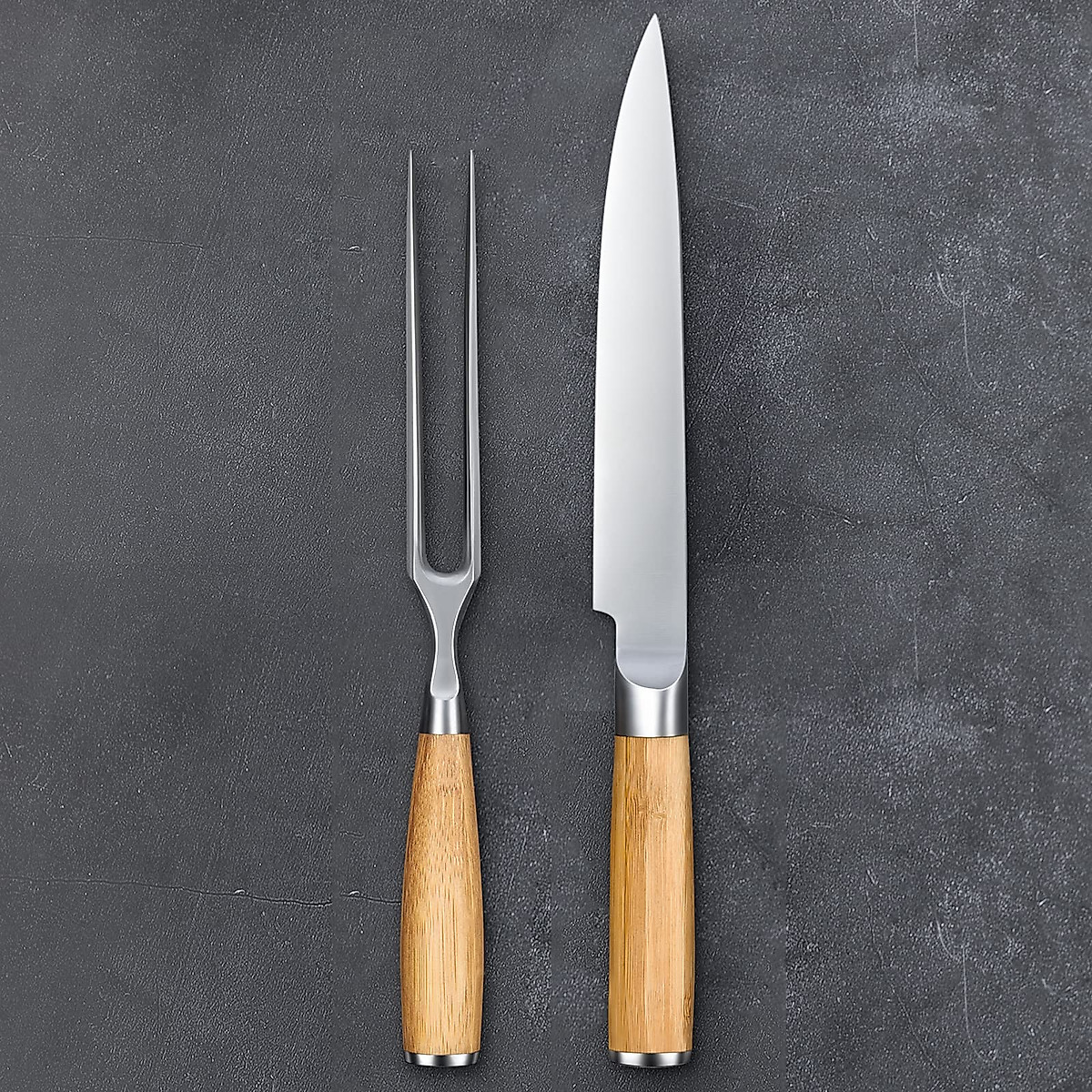 WEQUALITY Carving Knife and Fork Set with Bamboo Handles,Meat Turkey Carving Set，Premium Molybdenum Vanadium Steel Meat Slicing Knife with Meat Fork,Gift Box Packing