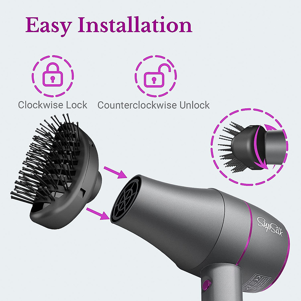 Supsilk Compact Hair Dryer with Comb, Volumizer Brush, Nozzle Attachment 3-in-1 Blow Dryer, Hairdryer for 1a to 4c Curly Hair, Professional Lightweight Turbo AC Motor 1800W Fast Drying and Cool Shot
