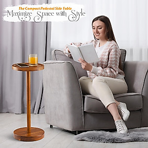 BLUEWEST Pedestal Side Table, Acacia Weighted Base Drink Table, Small Round Side Table for Small Spaces with Phone Holder, Martini and Cocktail Pedestal End Table, Mini Pedestal Table