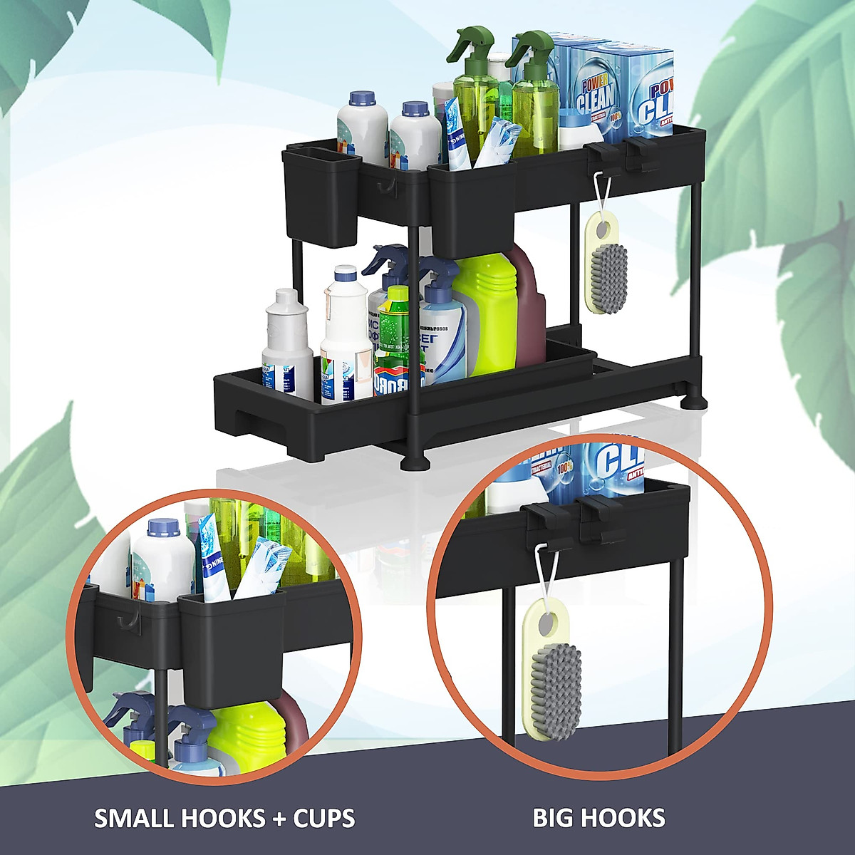 Under Sink Bathroom and Kitchen Cabinet Organizer, Countertop organizer, 2-Tier Sliding Large Capacity Storage Drawer With Hooks, Bathroom And Kitchen Organization And Storage, Multipurpose organizer