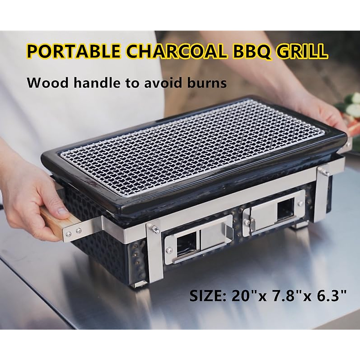 Onlyfire Charcoal BBQ Grill Hibachi Grill with Grid Lifter, Rectangular Portable Grill with Stainless Steel Griill Grate, BBQ Grill for Outdoor Camping Picnic Patio Backyard Cooking, 16 x 9 Inch Black