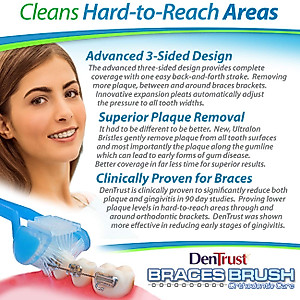 DenTrust 4PK | Braces Brush 3-Sided Toothbrush | Cleans Better Around Orthodontic Brackets | Made in America | Ultra Soft Gentle Heads | Built-in Tongue Cleaner for Fresh Breath