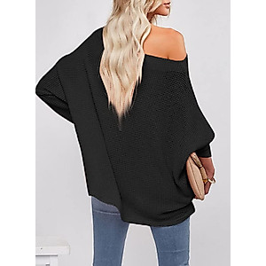 Dokotoo Women's Long Sleeve Waffle Knit Tops Boat Neck Casual Loose Fit Shirts Tunic Off The Shoulder Blouses for Women Fashion 2024 Black Small