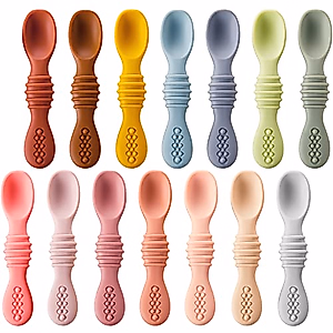 Potchen 14 Pack Silicone Baby Spoons First Stage Feeding for Babies and Toddlers Infant Spoon Led Weaning Training 6 Months Self Feeding, Soft Set, 4.5 x 1 inches