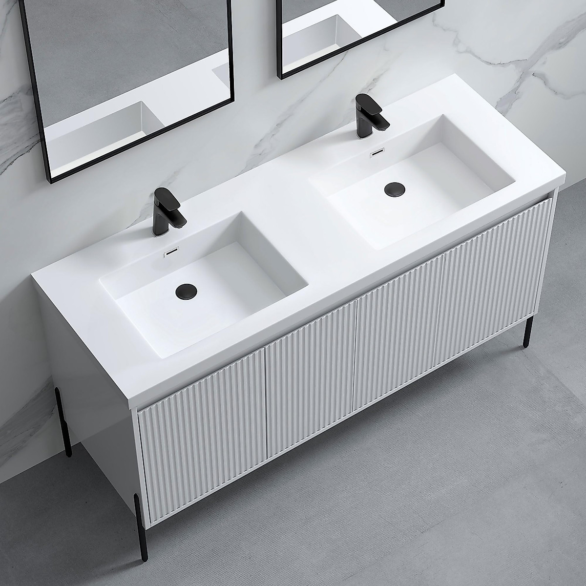 Dowell 60“ Fluted Design Vanity Set – Modern Bathroom Cabinet with Soft-Close Door & Shelf.Glossy White- 0026021V/6122BP