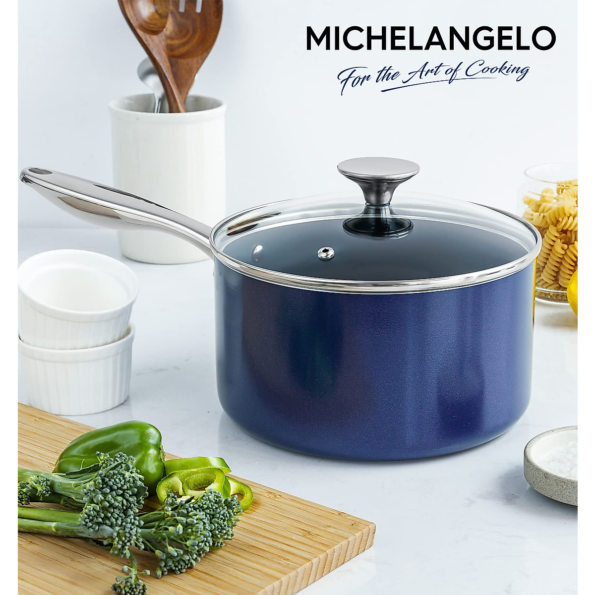 MICHELANGELO 1 Quart Saucepan with Lid, Nonstick Ceramic Sauce Pan with Stainless Steel Handle, 1 Qt Saucepan with Lid Oven Safe, Blue