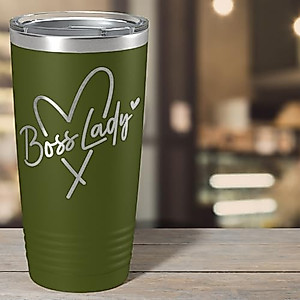 Boss Lady Big Heart Tumbler Birthday Gifts for Women, Coworker, Boss on Army Green 20 oz Stainless Steel Insulated Cup with Lid - Travel Mug for Mom