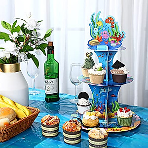 3 Tiers Under The Sea Cardboard Cupcake Stand Ocean Birthday Party Decorations Dessert Cupcake Stand Holder for Sea Creature Shark Party Tropic Fish Beach Party Baby Shower Supplies