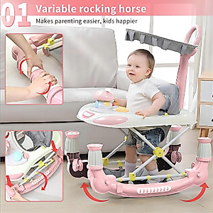 Dingdong Baby Walker - 4 in 1 Baby Walker with Wheels, Variable Rocking Horse, Walker for Baby Girl Adjustable Height (8-17in) and Width, Baby Walkers for Girls, Foot Pads/Handles, Portable Foldable