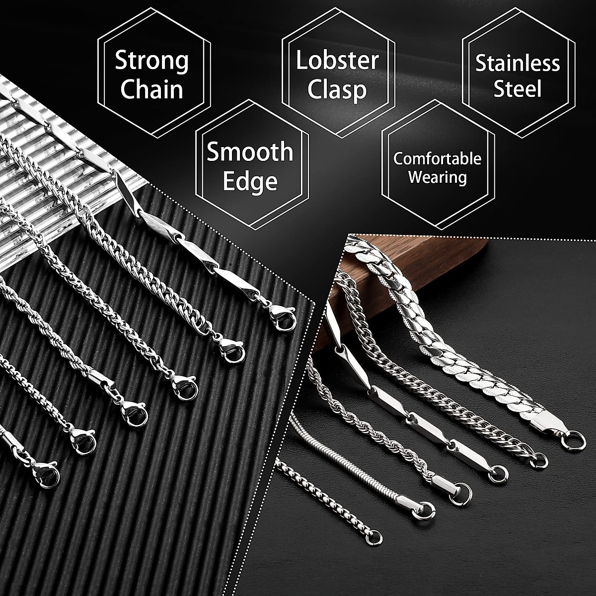 stino 8PCs Stainless Steel Chain Necklace Set for Men Women, Silver Tone Necklace Chains Bulk, Figaro Chain, Snake Chain, Cuban Link Chain, Rope Chain. (8PCs Mixed Style)