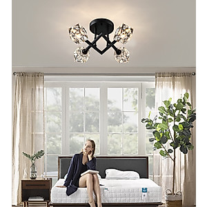 AMZASA Modern Semi Flush Mount Ceiling Light, Black Dining Room Light Fixtures,4-Lights Geometric Crystal Chandelier for Bedroom Entryway Hallway Porch Laundry Room