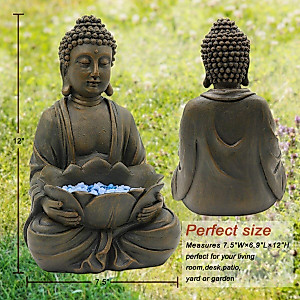 Goodeco 12" Meditating Buddha Statue Figurine w/Lotus - Zen Garden Statues for Indoor/Outdoor Decor- with Magical Glow in Dark Pebbles & Glass Stones, Ideal Gifts for Home (Brown)