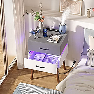 armocity Nightstands with Charging Station and LED Light, Bedside Table with 2 Drawer, Modern Night Stand with Charging Port, Sturdy NightStand with Light for Bedrooms, Guest Room, Gray and White