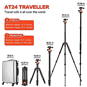 GEEKOTO 58” DSLR Tripod, Compact Aluminum Alloy Lightweight Camera Tripod with 360 Degree Panorama Ball Head, Professional Camera Tripod for Travelling, Learning and Working