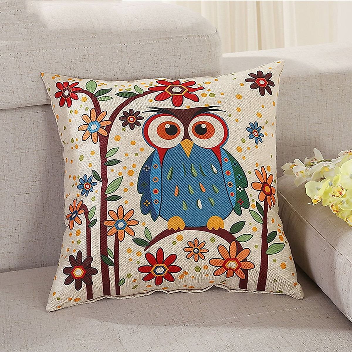 Bursonvic Cartoon Pattern Throw Pillow Case Cushion Cover Square Home Farmhouse/Modern Decorative Cotton Linen Pillowcase for Sofa/Bench/Couch (Mr. Owl, 18" x 18")