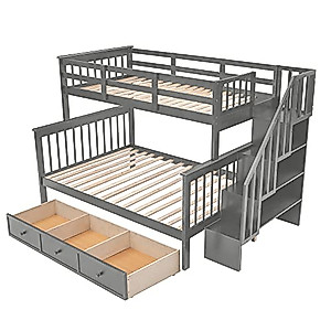 LZ LEISURE ZONE Twin Over Full Bunk Bed with Drawers, Solid Wood Bunk Bed Frame with Stairway, Storage & Guard Rail for Bedroom Dorm, Gray