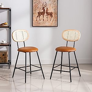 Amadi Counter Stools Rattan Back Dining Chair, Indoor Faux Leather Bar Stools Set of 2, Armless Dining Chairs with Rattan Backrest, Modern Metal Counter Height Barstools for Home Whiskey Brown,24"