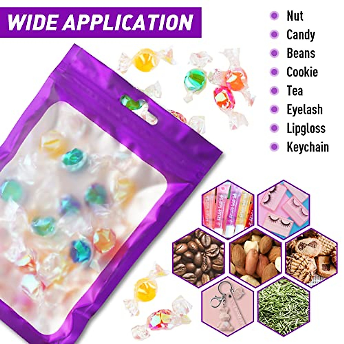 50Pcs Smell Proof Bags Resealable Bags for Food Storage 3x4Inch Packaging Bags with Clear Window Foil Pouch Ziplock Bag Self Sealing Bag for Party Favors,Lipgloss,Jewelry,Candy-Purple