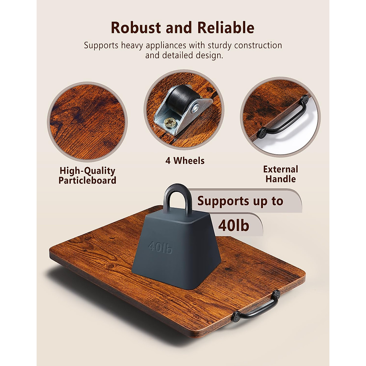 Evermagin Appliance Slider, Sliding Tray for Coffee Maker, Coffee Pot Slider Tray for Countertop, Kitchen Appliance Rolling Tray with Rubber Wheels (Rustic Brown, Large - Long (12.5” x 16”))