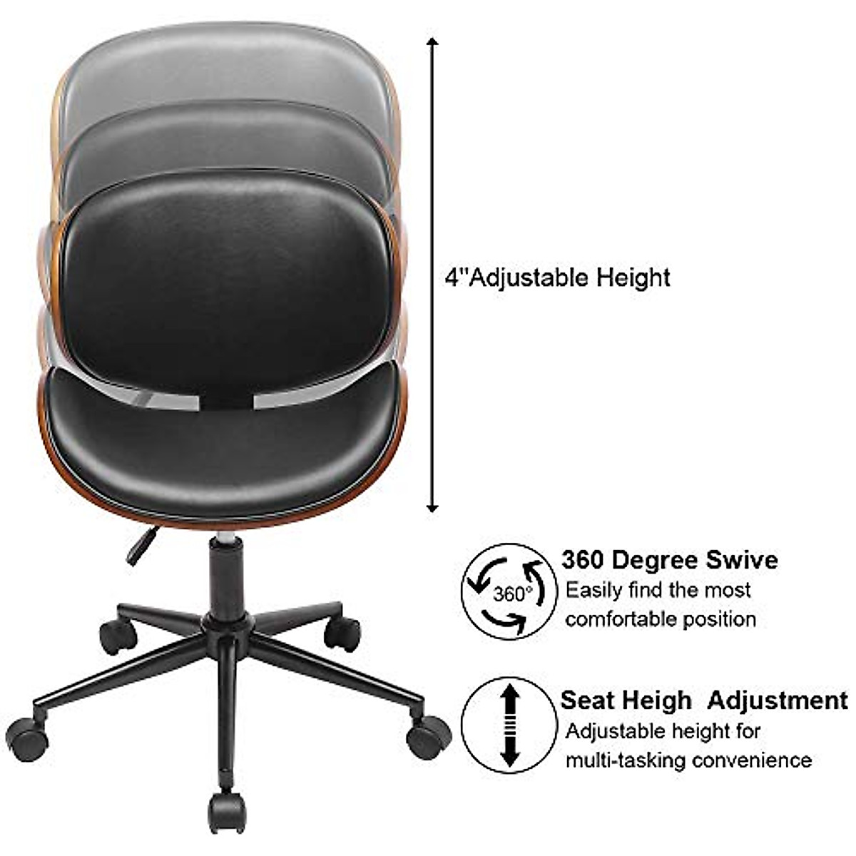 JOYBASE Home Office Desk Chair, Bentwood and Leather Swivel Chair, Adjustable Heigh, Brown